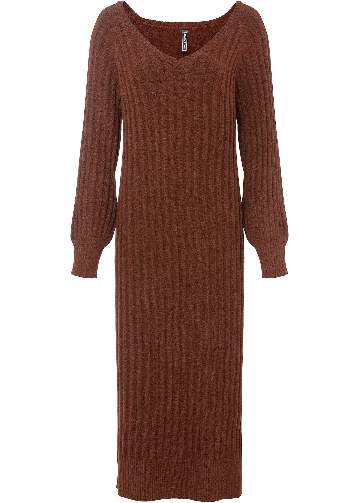 Gebreide midi jurk met een split en een V-hals - mahoniebruin, regular