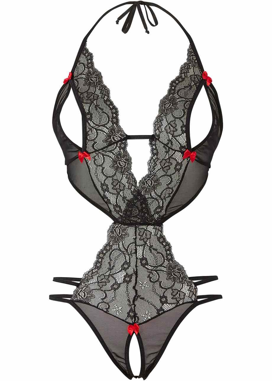 Sensuele stringbody met kanten inzet en openingen bij de cups en in het ...