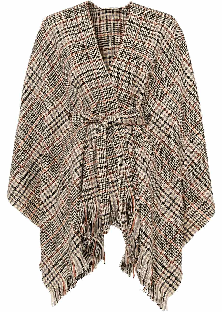 Elegante poncho met een strikceintuur - beige/zwart geruit