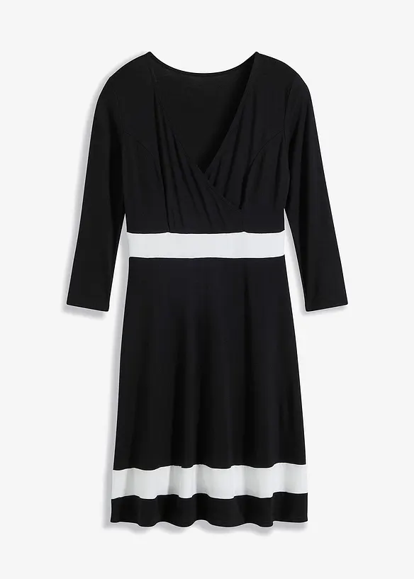 Trendy jersey jurk met een V-hals - zwart/wit