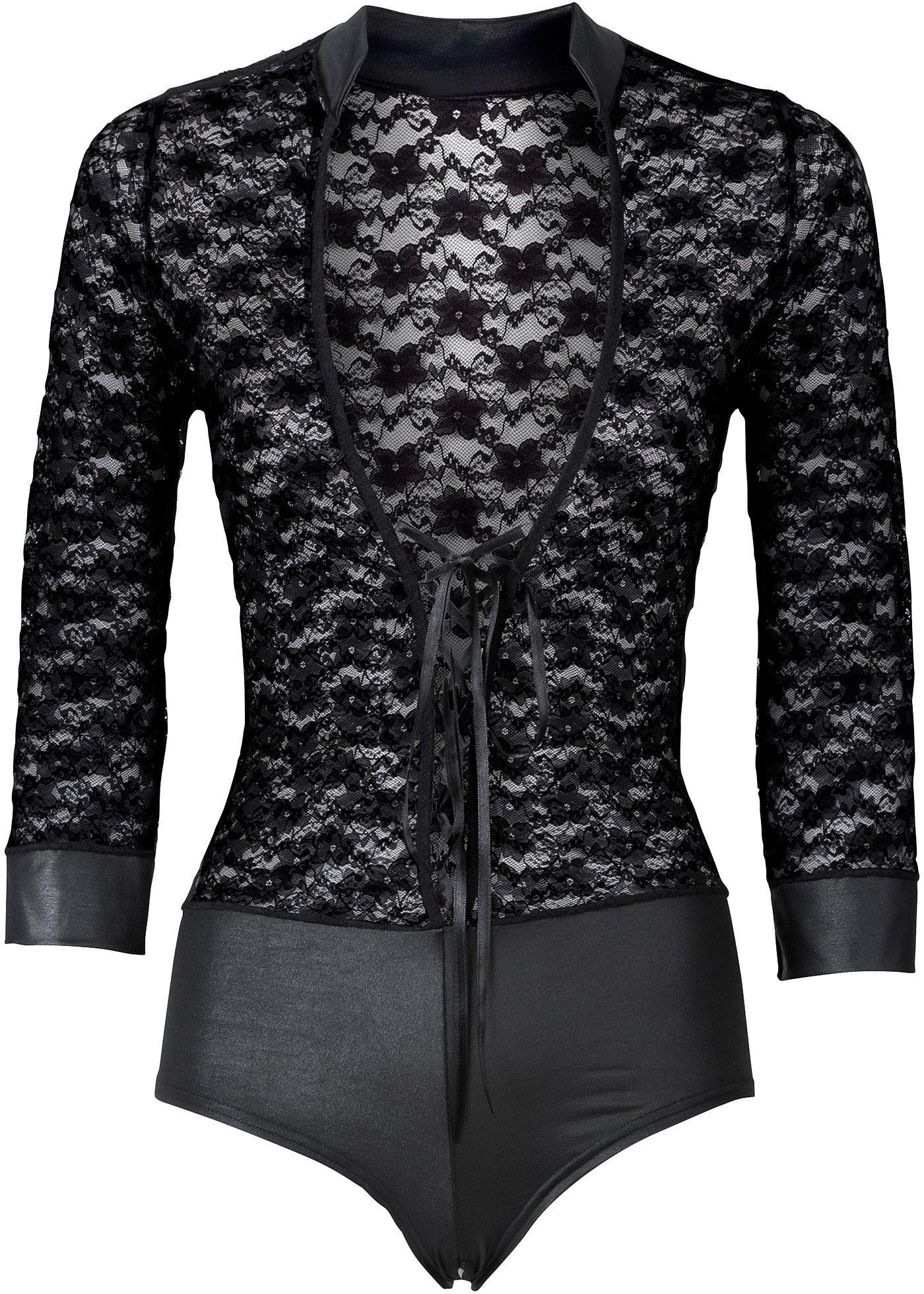 Verleidelijke stringbody met lange mouwen en vetersluiting - zwart